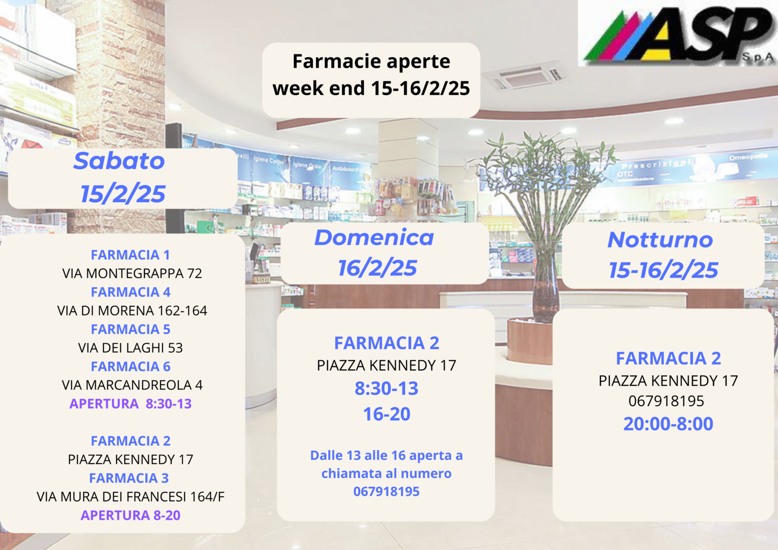 ORARIO APERTURA FARMACIE WEEK-END 15 E 16 FEBBRAIO 2025 | ASP S.p.a. - Azienda Servizi Pubblici